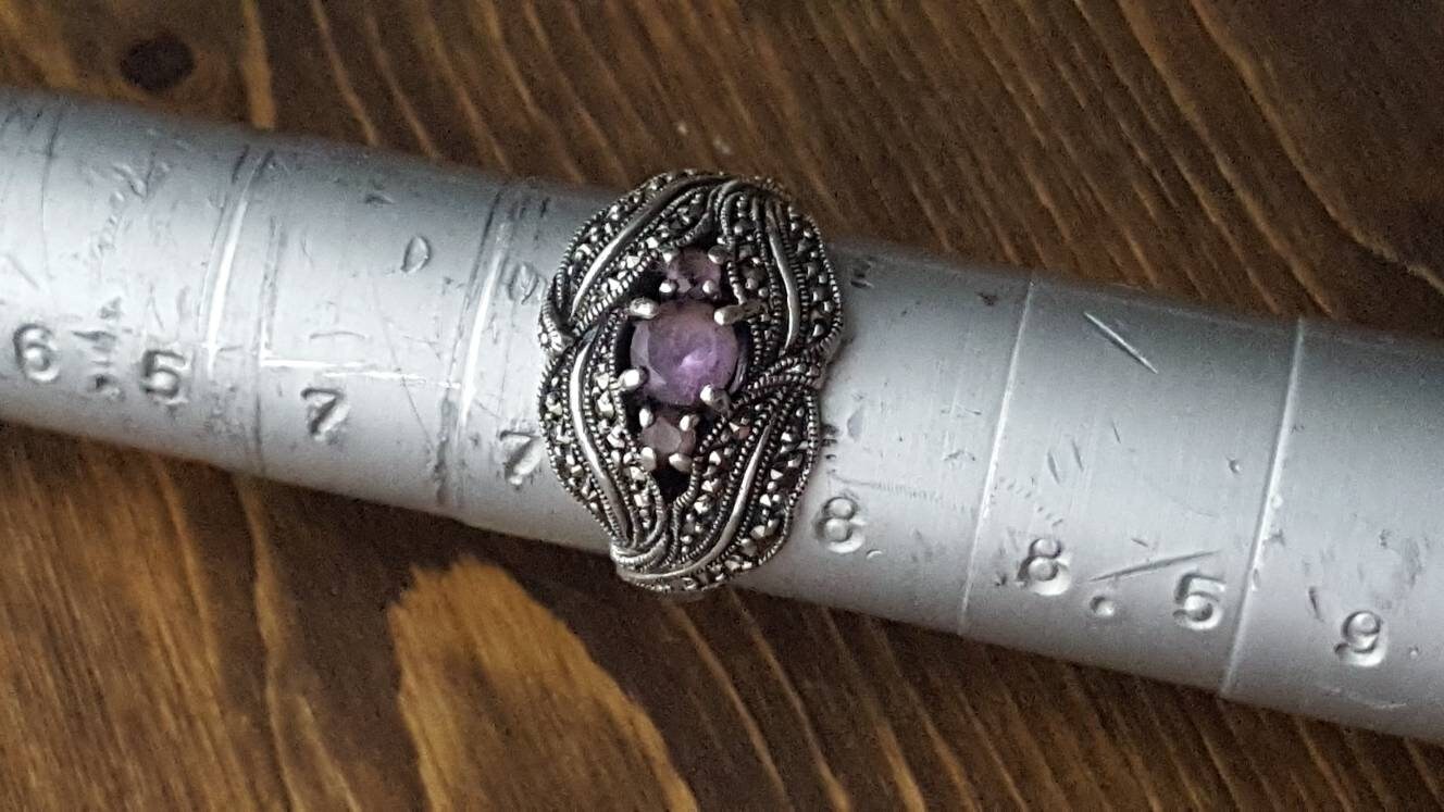Vintage amethyst gemstone marcasite ring marked sterling | Etsy