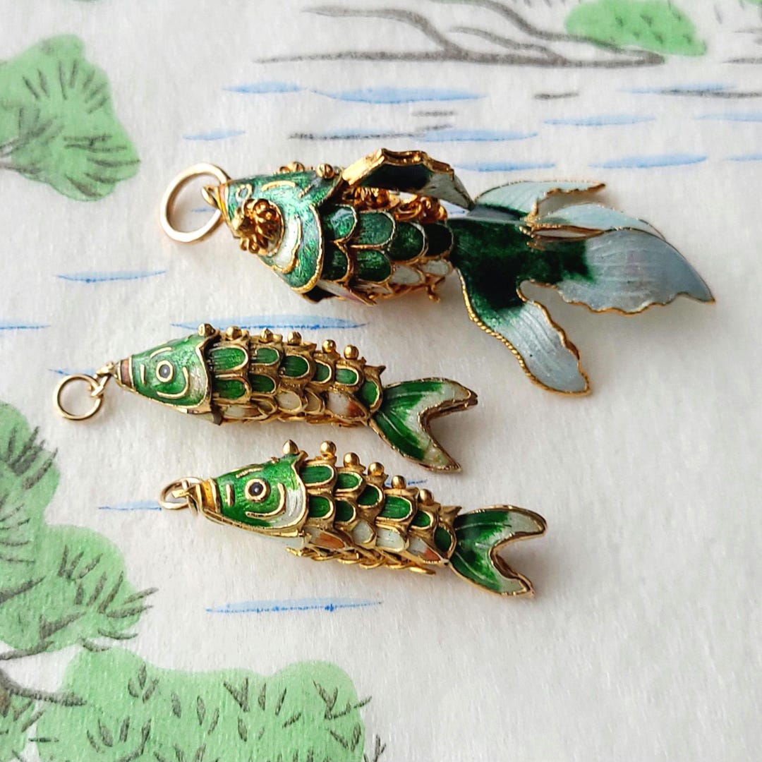 Vintage Cloisonne Articulating Fish Pendants Set of Three, All a ...