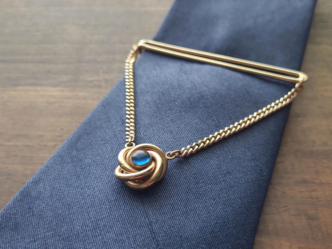 Vintage 1950s Swank Goldtone Tie Bar Clip and Chain With Blue Cabachon ...