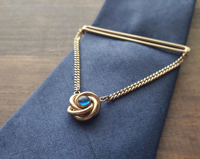 Vintage 1950s Swank Goldtone Tie Bar Clip and Chain With Blue Cabachon ...