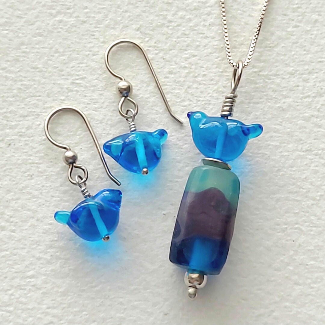 Bluebird Ooak Handmade Lampwork Glass Stacked Bead Pendant Necklace and ...