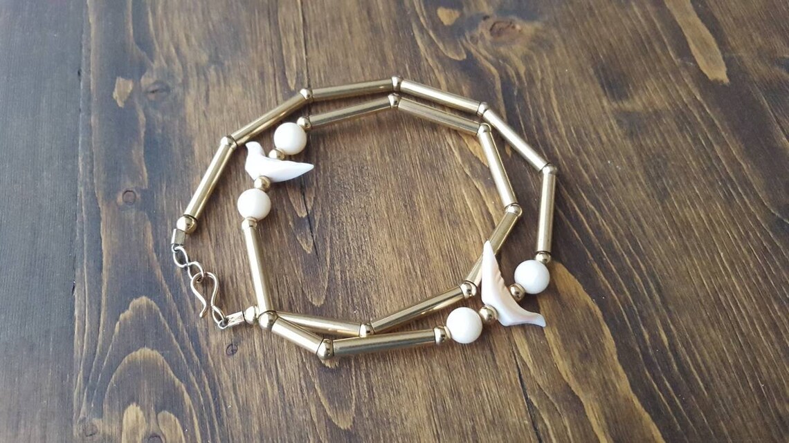 Vintage Carved Shell Bird and Brass Bead Necklace Carved - Etsy