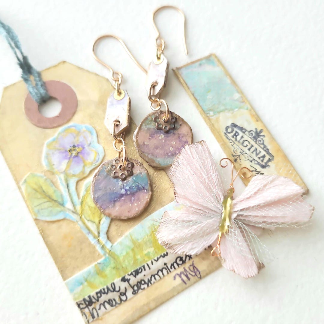 Hand-painted Paper Collage Drop Dangle Earrings, Handmade 14K Rose Gold ...