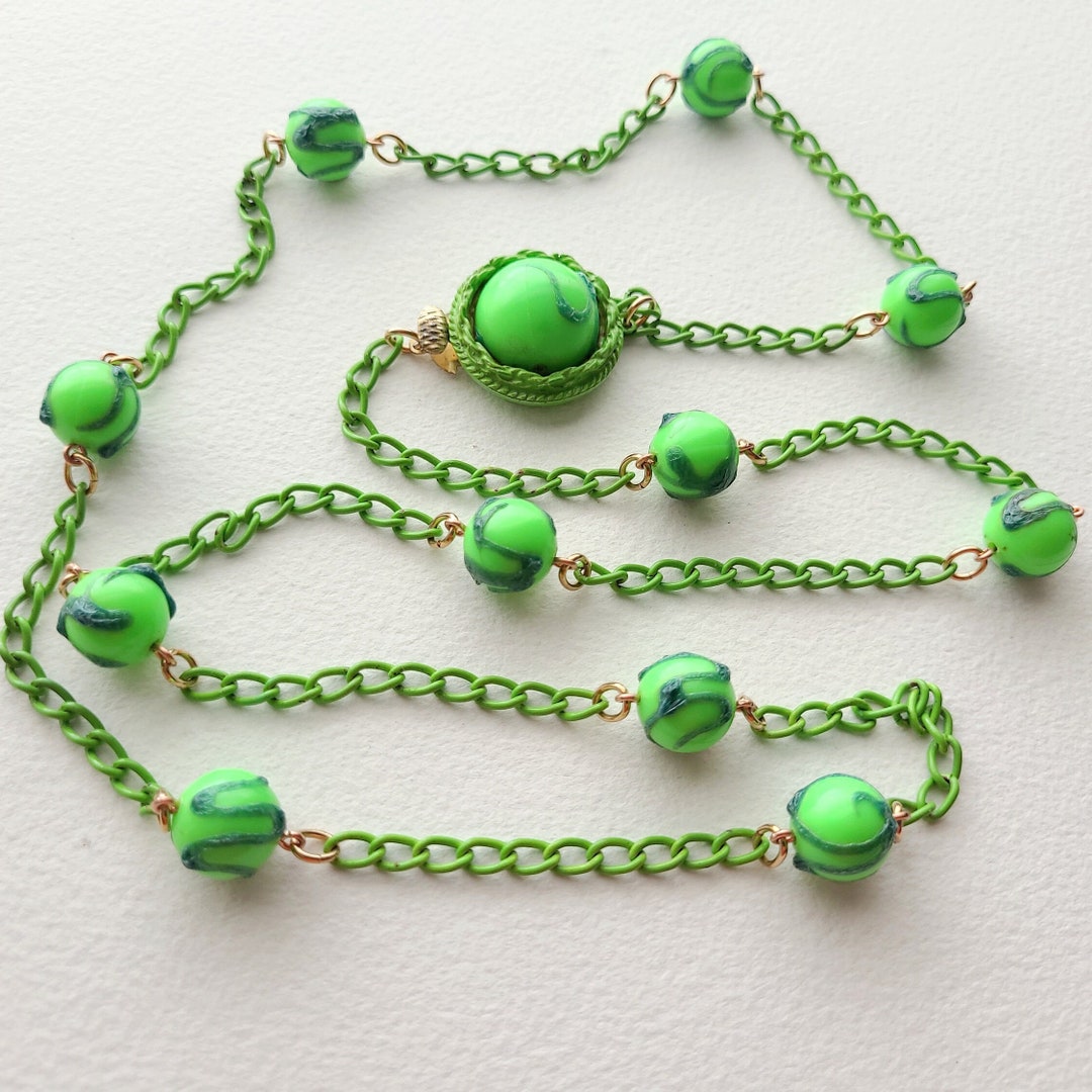 Mod Vintage Lime Green Enamel Chain and UV Reactive Plastic Bead 36 ...