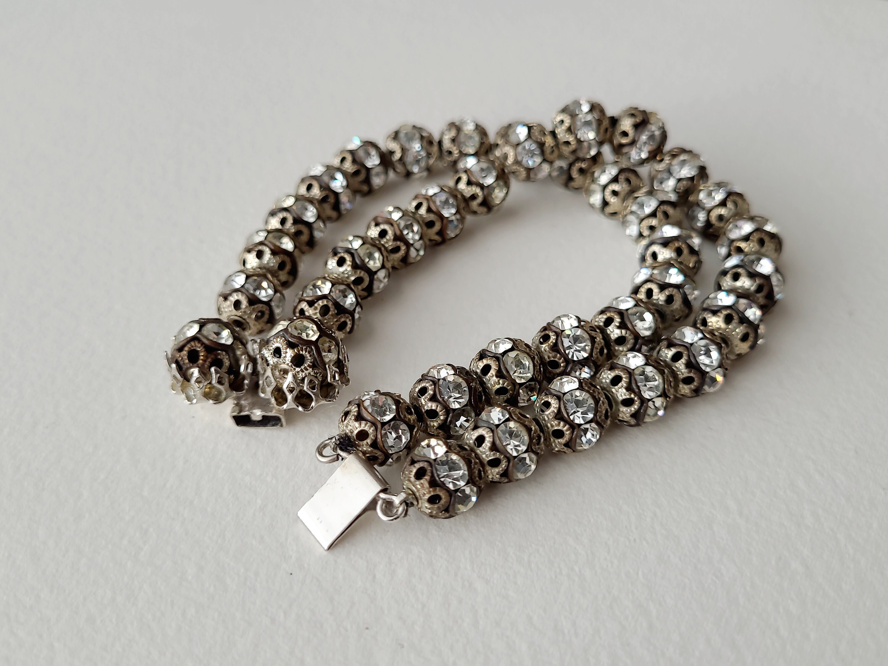 Retro Vintage Brass Filigree Clear Rhinestone Beaded Bracelet, Double ...
