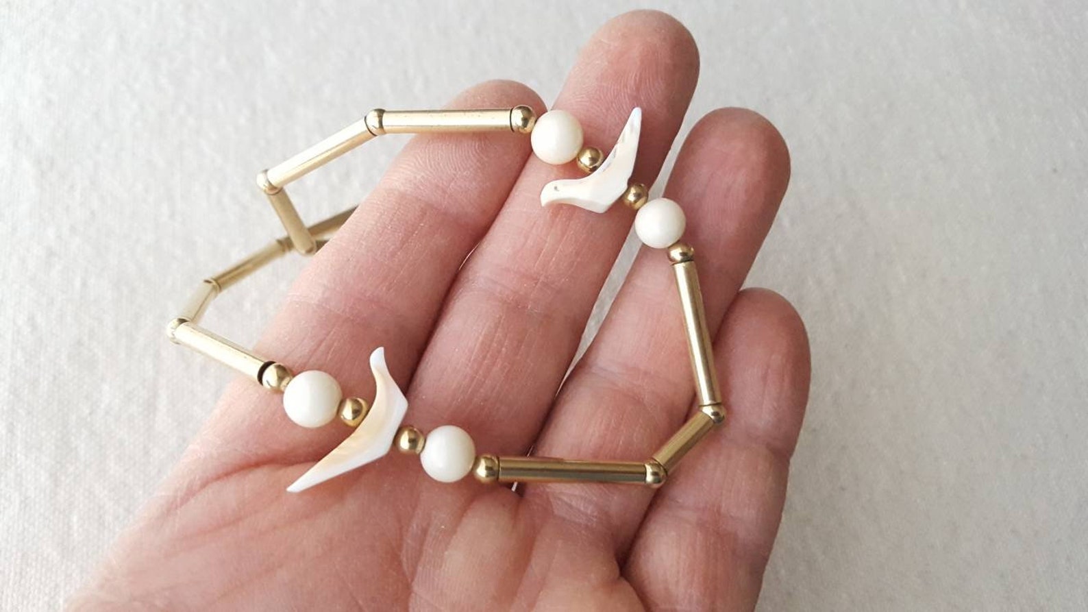 Vintage Carved Shell Bird and Brass Bead Necklace Carved - Etsy