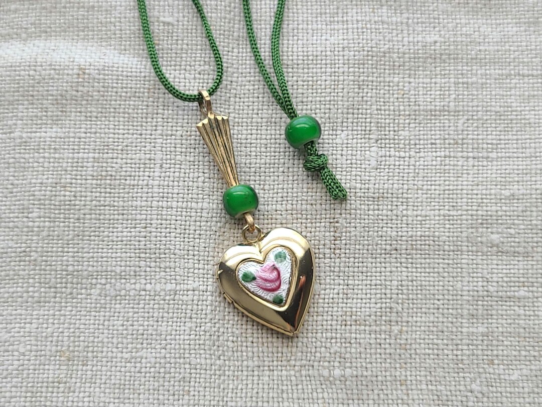 Vintage Guilloch Enamal Pink Flower Heart Goldtone Locket Pendant ...