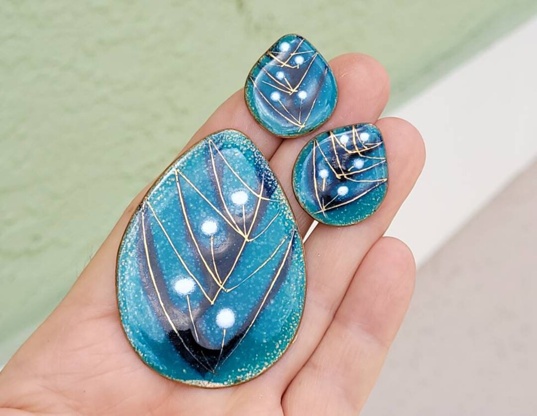 1960s Monique Drolet Quebec Mod Enamel Copper Leaf Brooch and Screwback ...