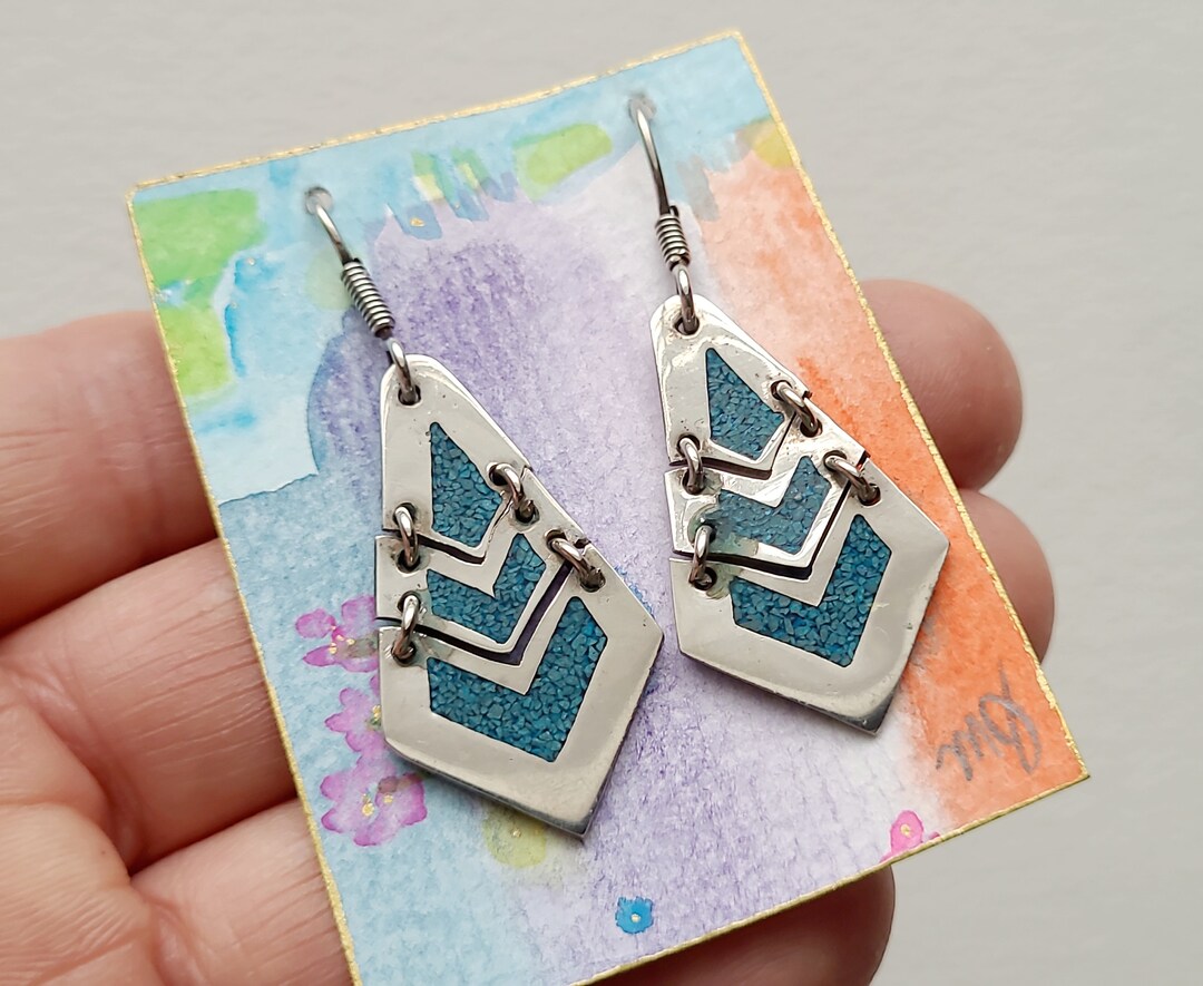 Mexican 925 Signed Crushed Turquoise Inlay Chevron Link Dangle Earrings ...