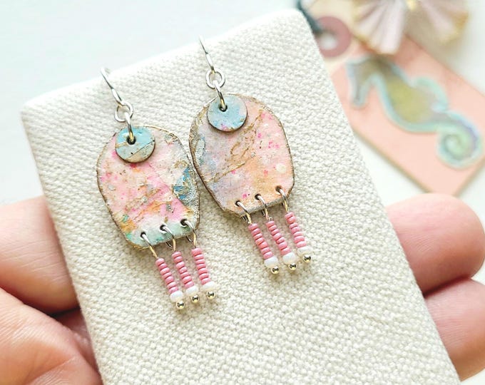 Artisan Pastel Painted Paper Collage Earrings With Uocycled Retro Pink ...