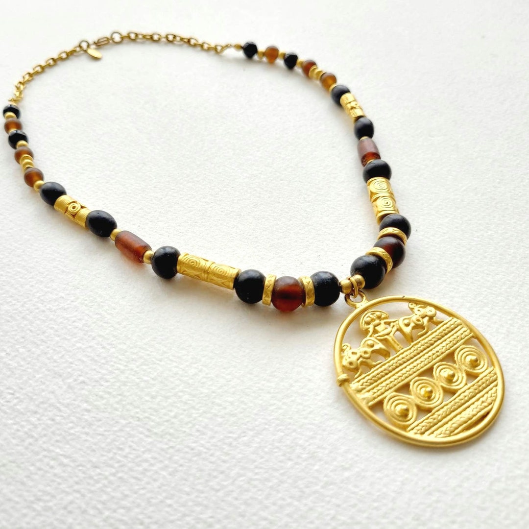 INCA Signed Vintage Egyptian Revival Medallion Necklace, Brown and ...