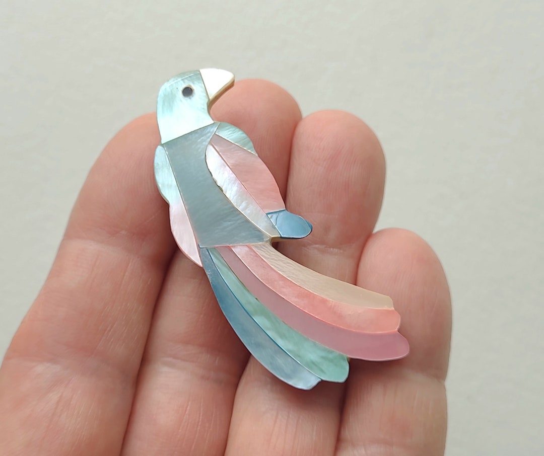 1980s Mother of Pearl Inlay Parrot Brooch, Pastel Blue Green Peach Pale ...