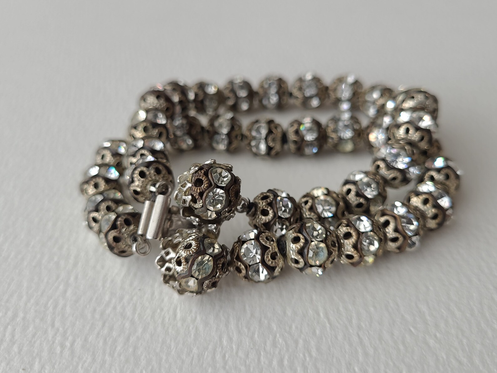 Retro Vintage Brass Filigree Clear Rhinestone Beaded Bracelet, Double ...