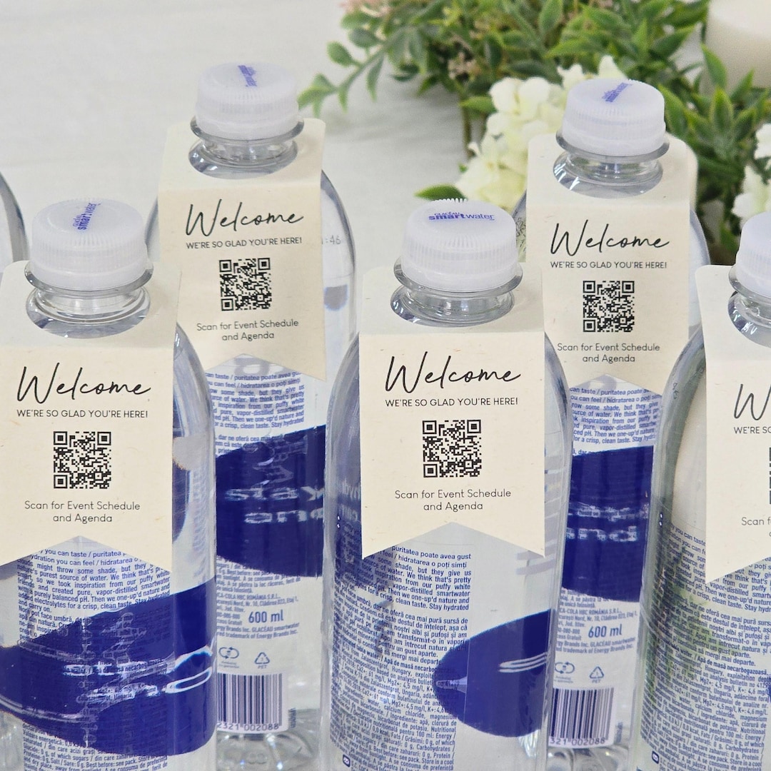 Welcome Water BOTTLE TAGS With QR Code for Events (set of 50/75/100/300 ...