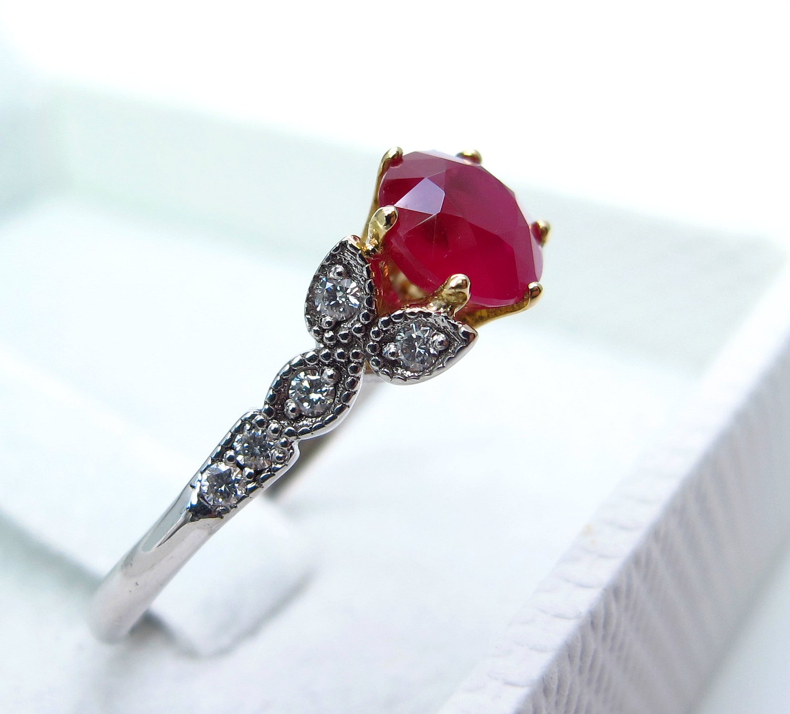 Unique Ruby Engagement Ring, Natural Red Ruby, 18K White Gold Retro ...