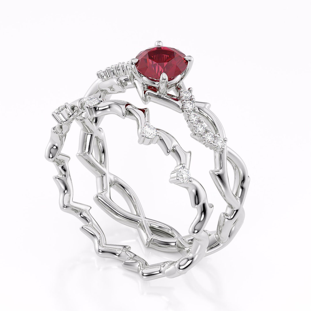 Ruby Wedding Ring Set, Ruby Bridal Ring Set Women, Round Cut Ruby ...