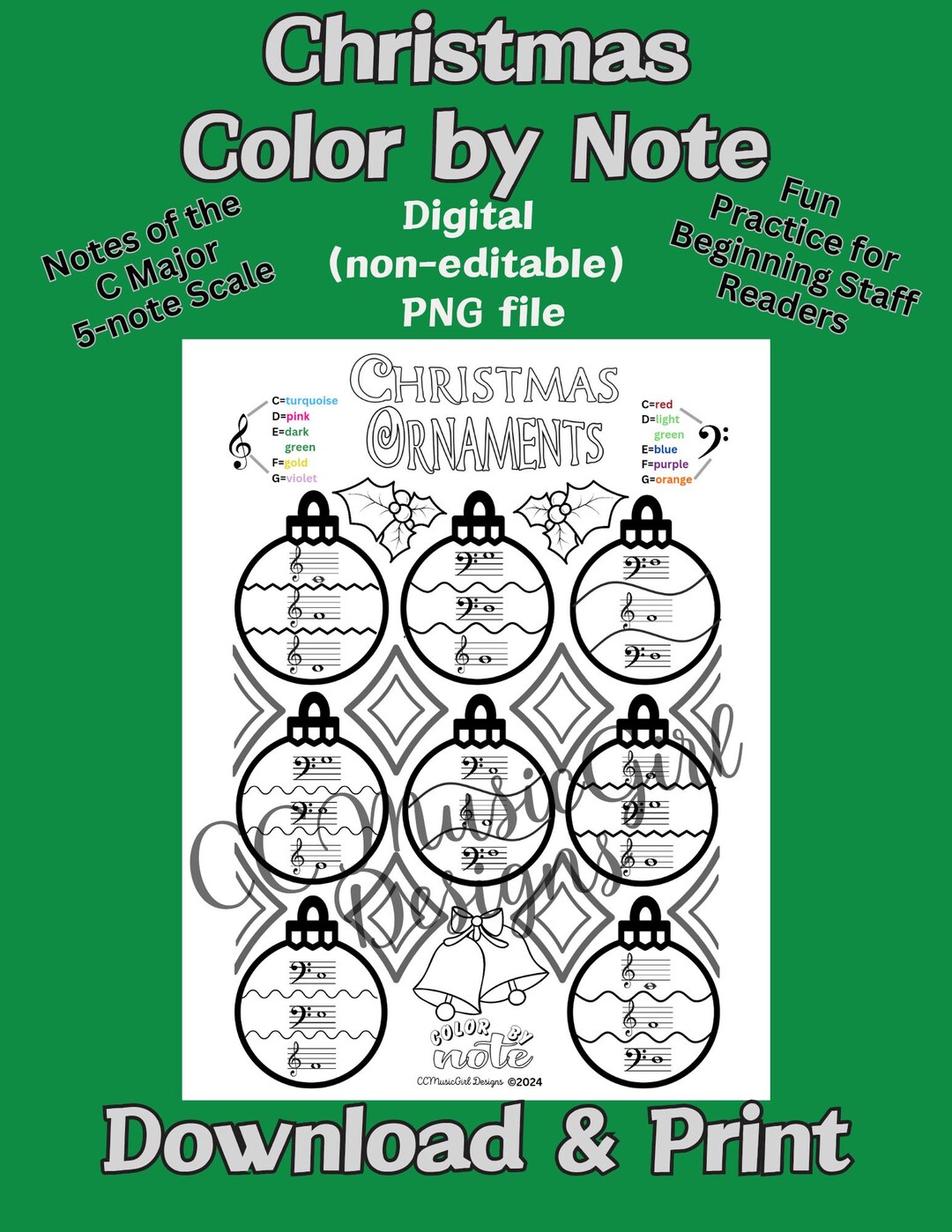 Christmas Music Coloring Sheet, Holiday Color by Note, Beginner Piano ...