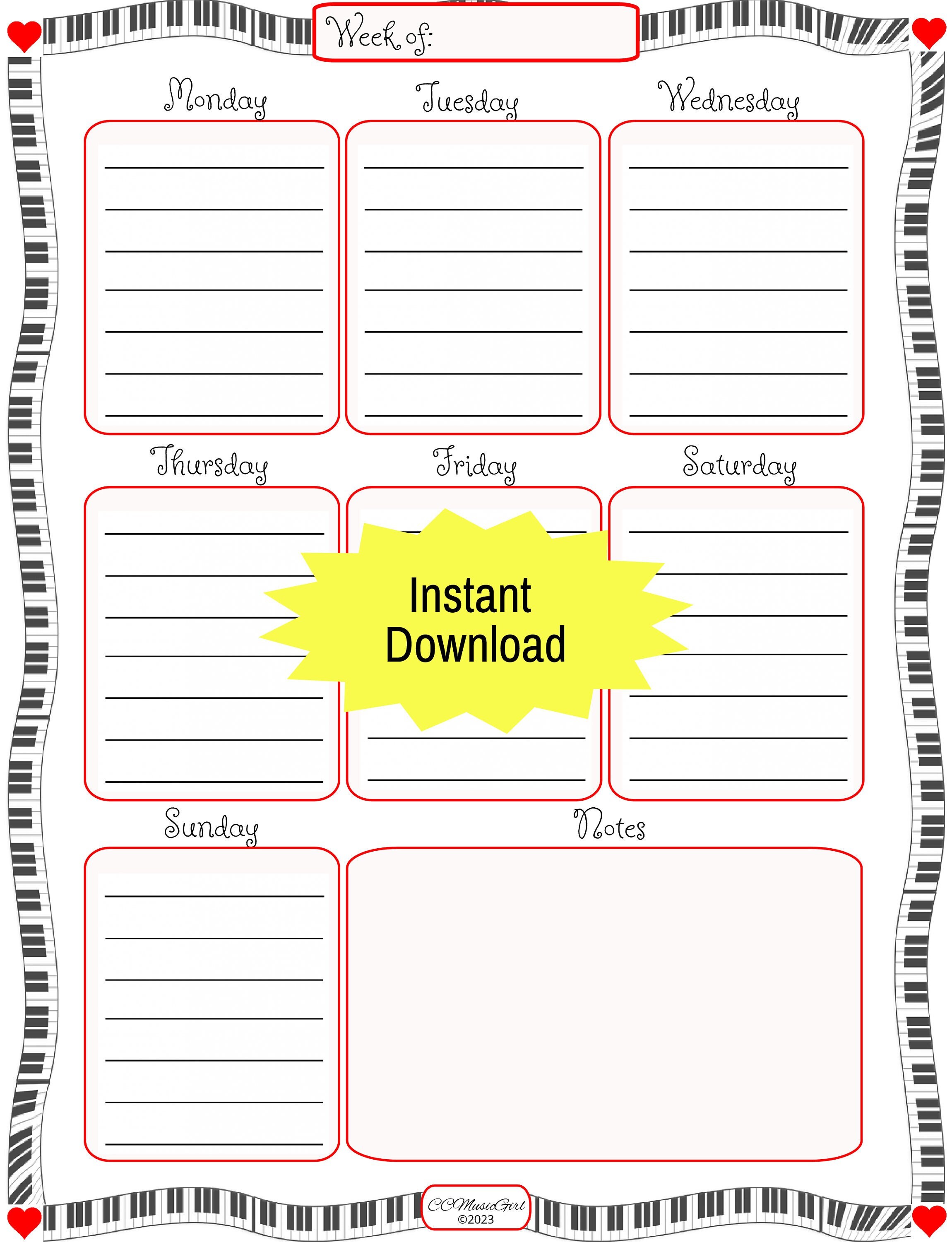 Printable Weekly Planner Music, Lined Journal Page Music, Weekly ...