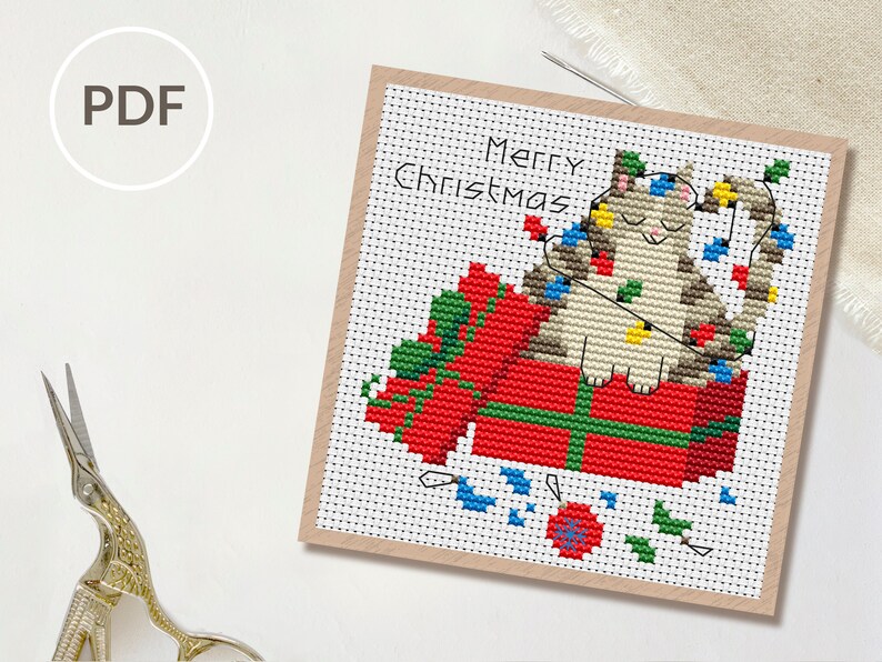Cute Cat With Festoon сross Stitch Pattern, Christmas Winter Holiday ...