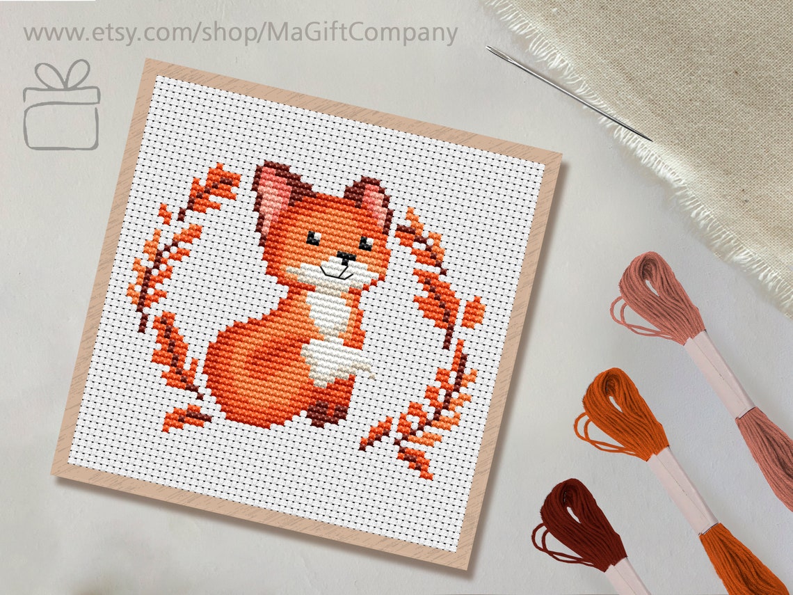 Cross Stitch Fox Pattern, Animal Embroidery DIY, Counted Aida Chart, Fall Decor, Autumn ...