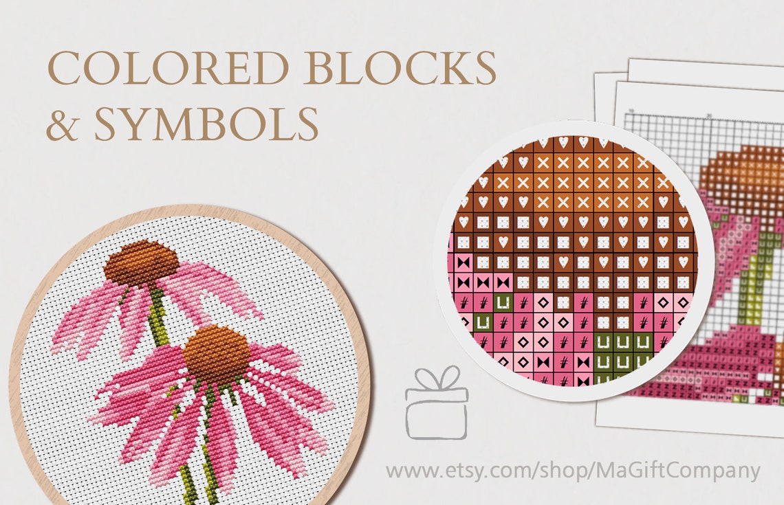 Coneflowers Plant Cross Stitch Pattern, Pink Echinacea Flower, Modern ...