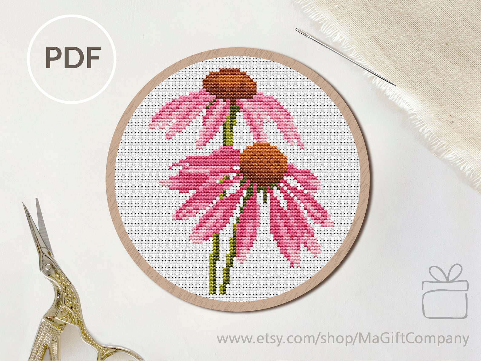 Coneflowers Plant Cross Stitch Pattern, Pink Echinacea Flower, Modern ...