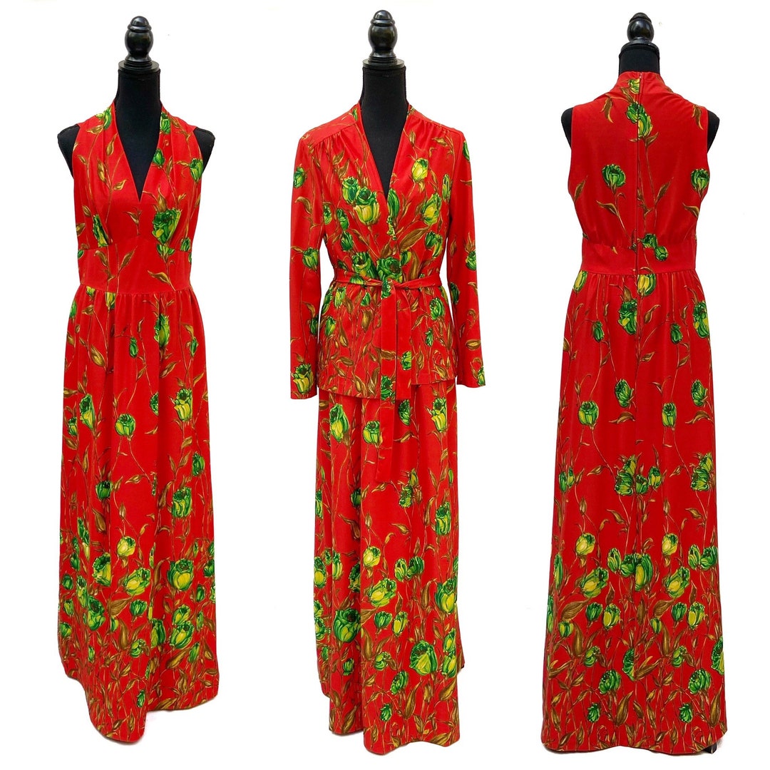 Vintage 1970s Edith Flagg Bold Red Floral Deep V Neck Maxi Dress Gown ...