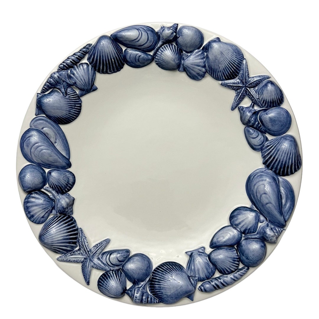 Vintage Present Tense Blue White Seashells Shells Mussels Clams Round ...