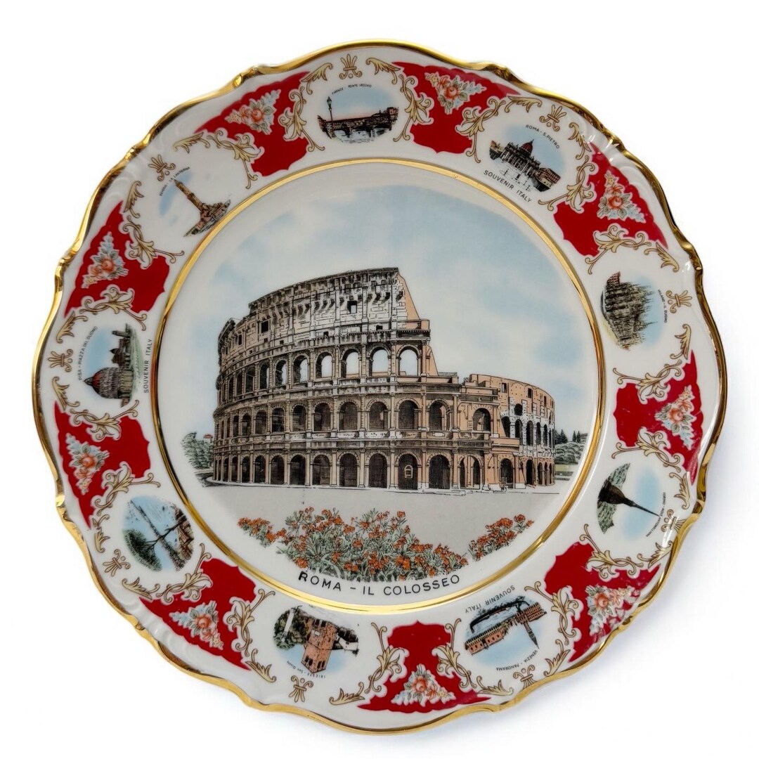 Vintage Rome Italy Roma Colosseum Red Gold Scalloped Ceramic Souvenir ...