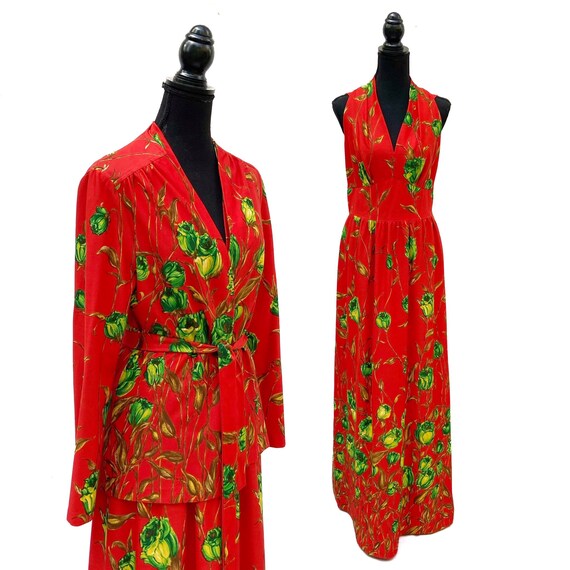 Vintage 1970s Edith Flagg Bold Red Floral Deep V Neck… - Gem