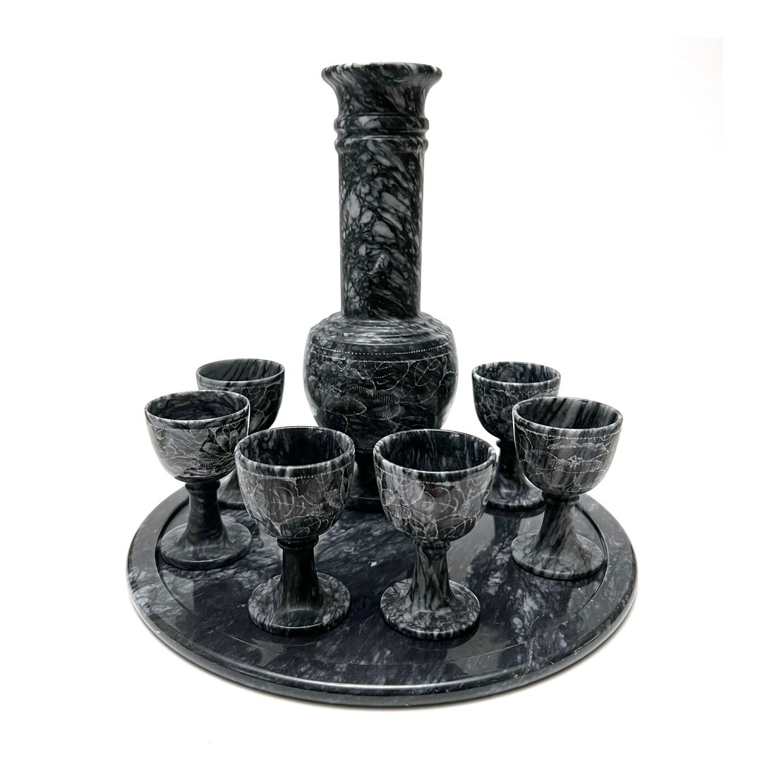 Vintage Black Etched Floral Marble Decanter Cordial Wine Goblets Tray ...
