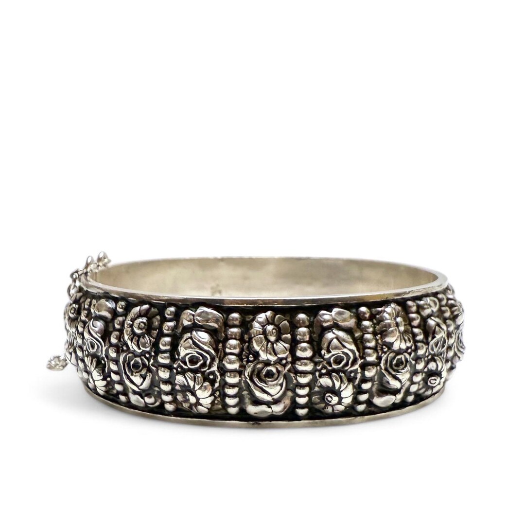 Vintage Silver 835 Portugal Repousse Roses Floral Motif Hinged Bangle ...