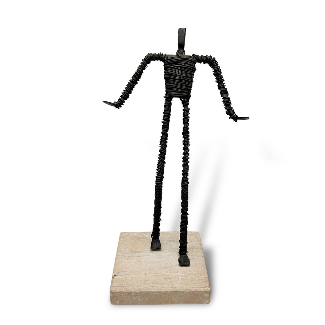 Vintage Brutalist Metal Wire Figure Sculpture on Stone Base Giacometti ...