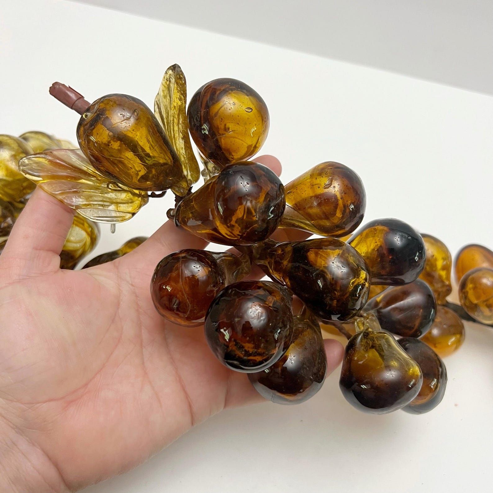 Vintage Set of 3 Hand Blown Art Glass Grapes Cluster Vine Leaves Amber ...