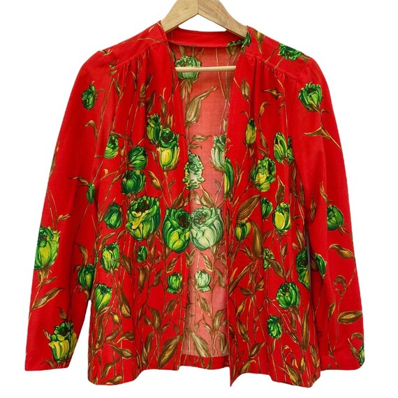 Vintage 1970s Edith Flagg Bold Red Floral Deep V Neck… - Gem