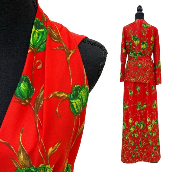 Vintage 1970s Edith Flagg Bold Red Floral Deep V Neck… - Gem