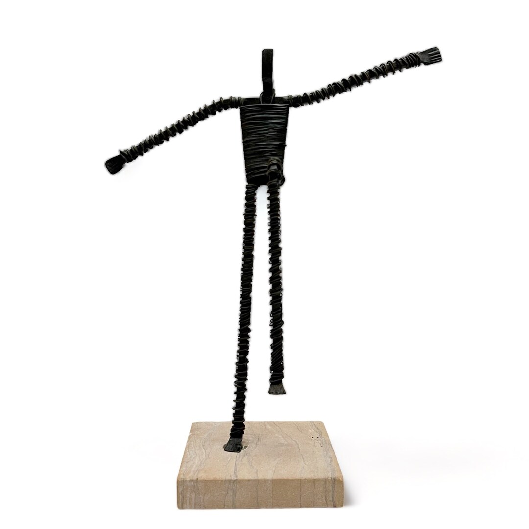Vintage Brutalist Metal Wire Figure Sculpture on Stone Base Giacometti ...