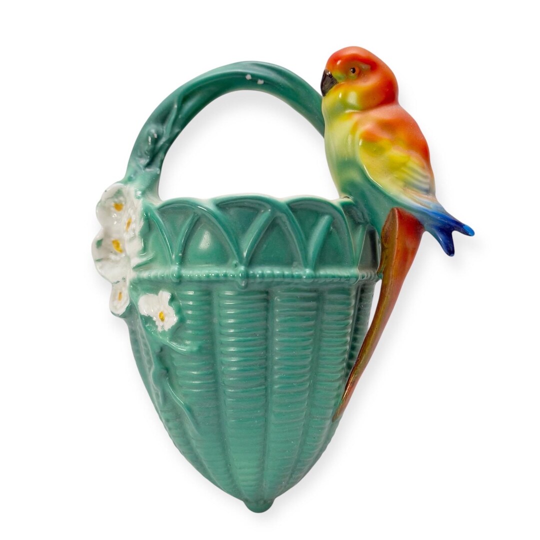 Vintage Retro Mid Century Colorful Bird Parakeet Parrot Floral Basket ...