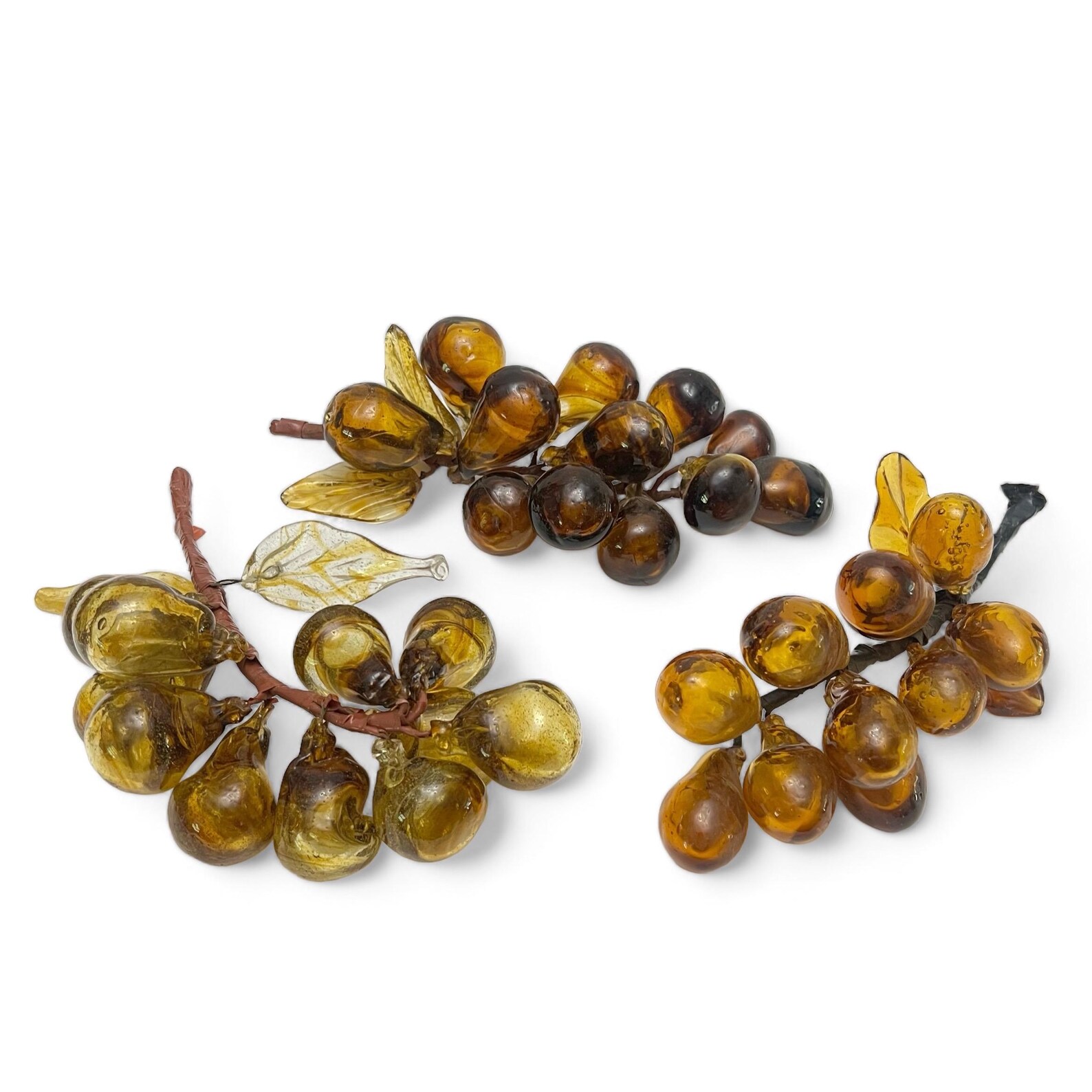 Vintage Set of 3 Hand Blown Art Glass Grapes Cluster Vine Leaves Amber ...
