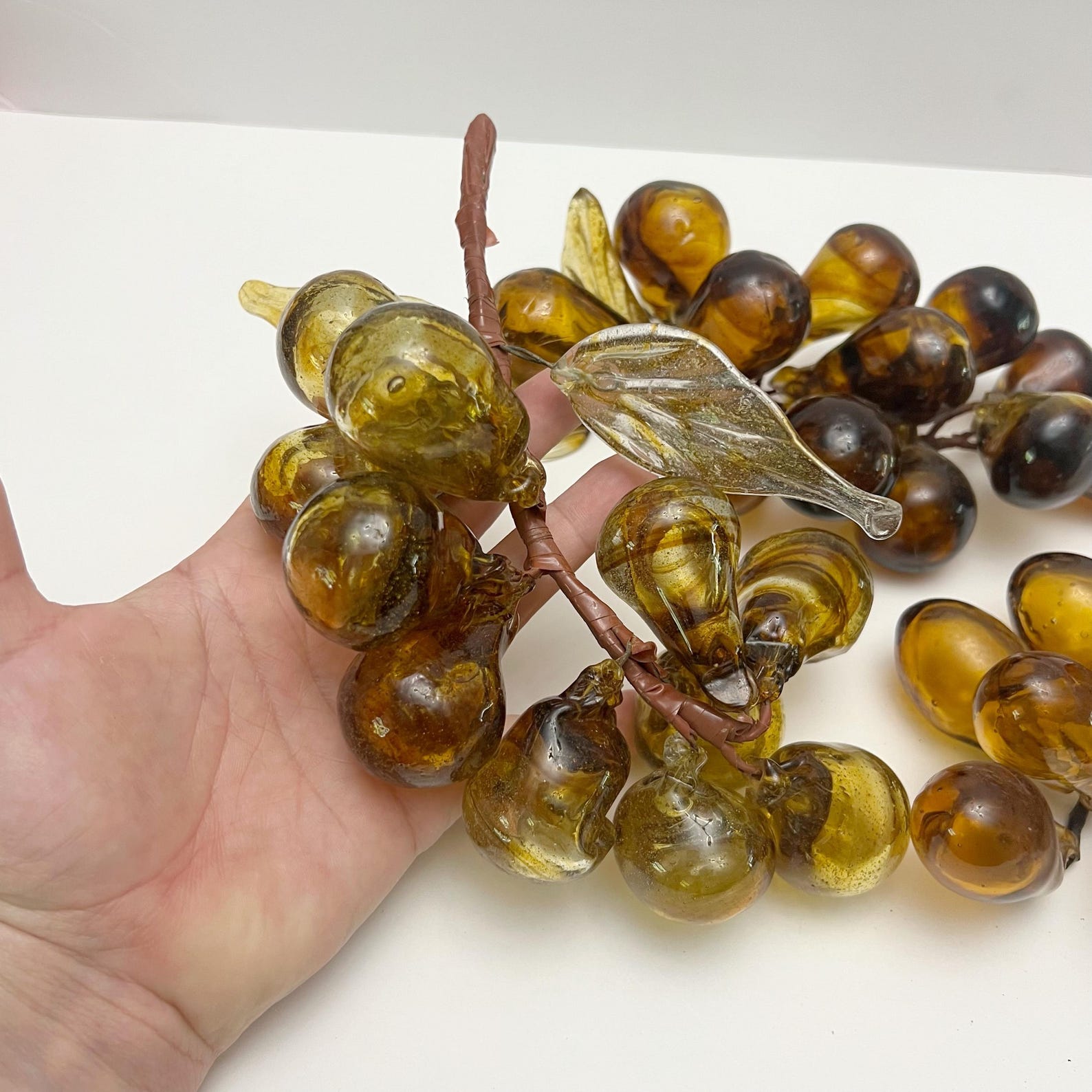 Vintage Set of 3 Hand Blown Art Glass Grapes Cluster Vine Leaves Amber ...