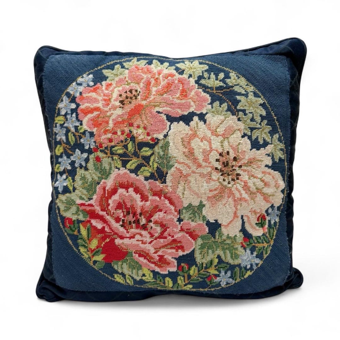Vintage Pink Peonies Floral Blooms Navy Blue Needlepoint Accent Pillow ...