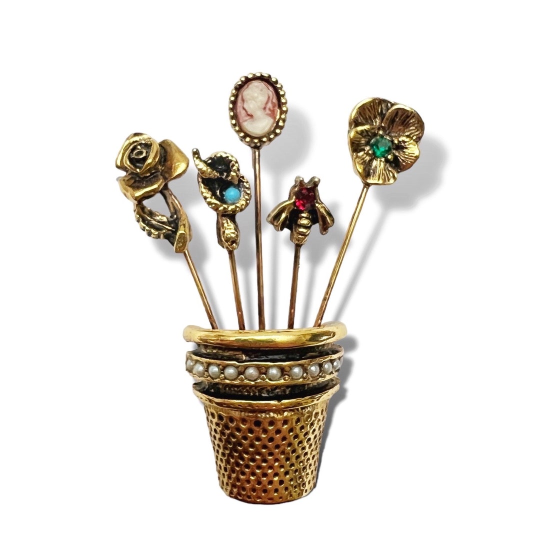 Vintage Thimble Stick Pin Faux Pearl Cameo Bee Snake Flower Goldtone ...