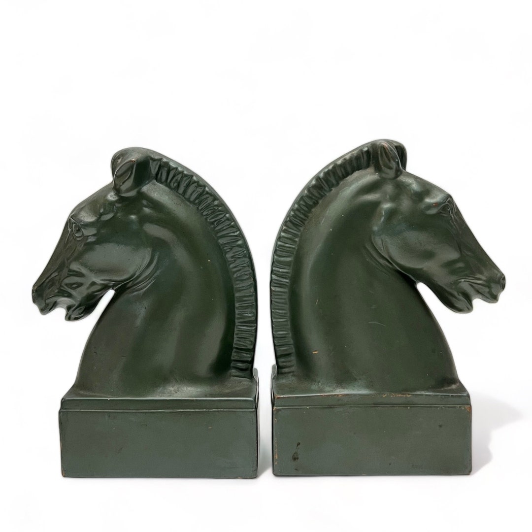 Vintage Pair of Horse Head Dark Green Ceramic Clay Decorative Bookends ...