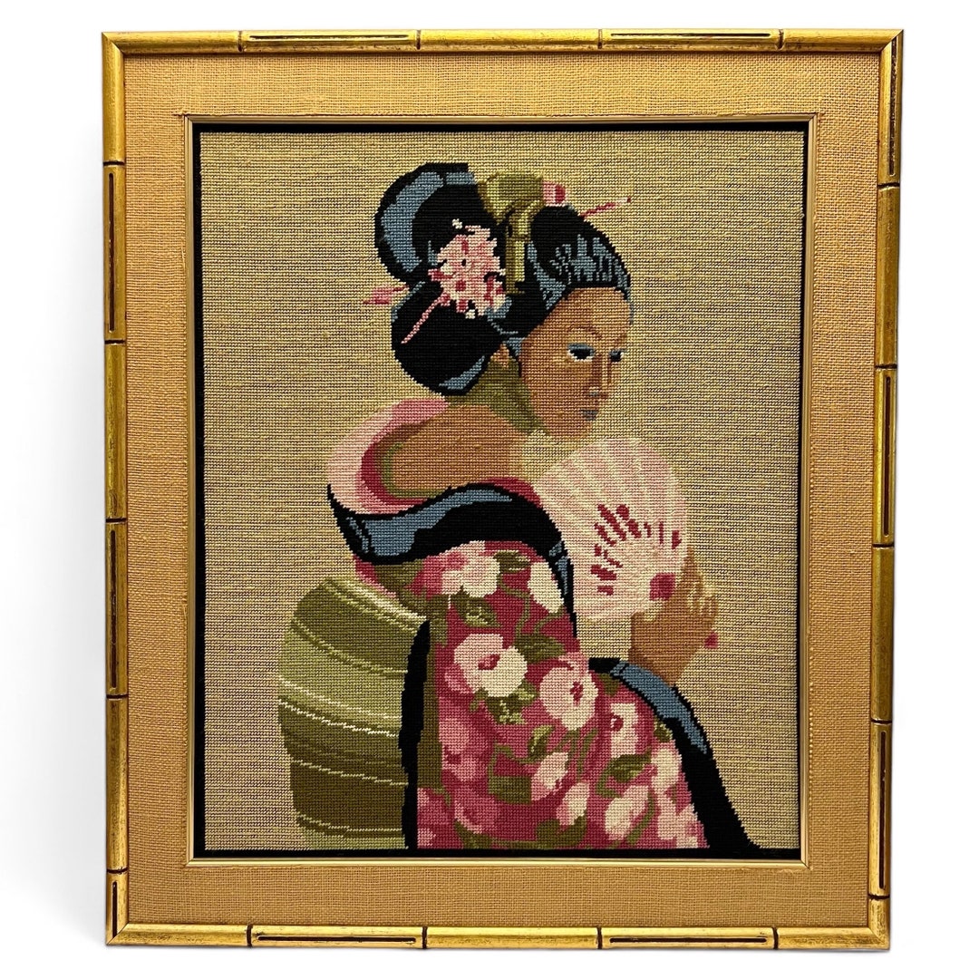 Vintage Mid Century Modern Geisha Girl Gilt Bamboo Framed Completed ...