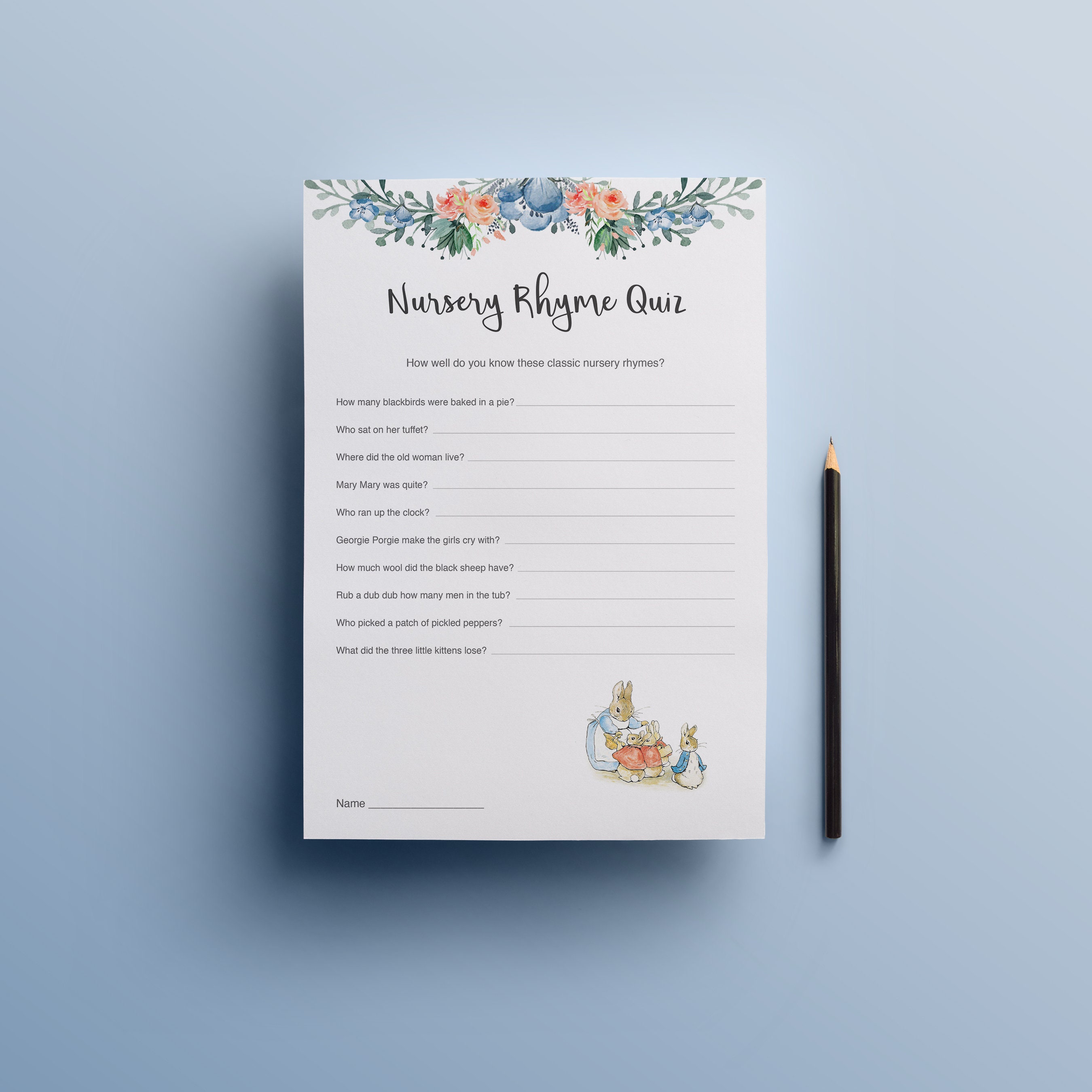 Instant Download Floral Peter Rabbit Baby Shower Rhyme Quiz, Nursery ...