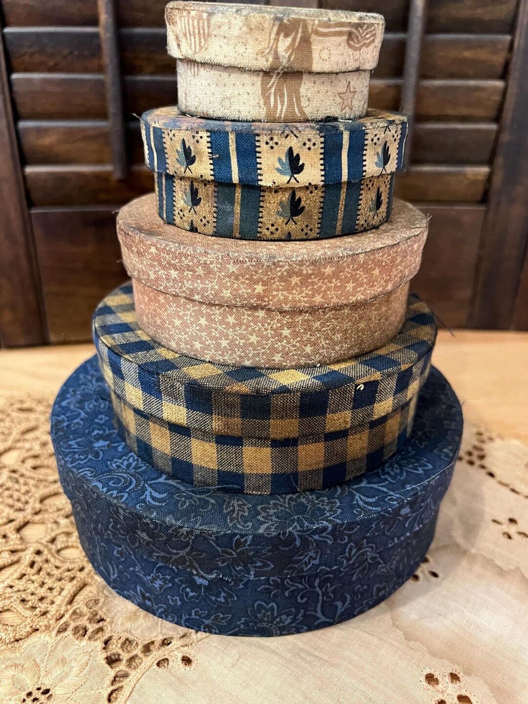 Set of 5 Round Pantry Boxes, Blue Civil War Reproduction Fabrics ...