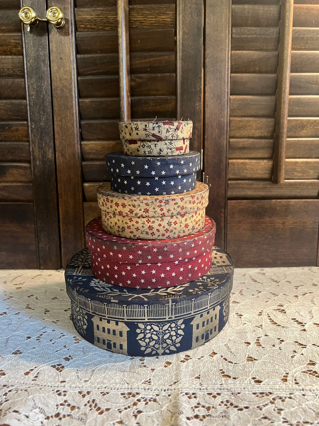 Pantry Boxes, Red, Blue and Mustard Reproduction Fabrics, Round Set of ...