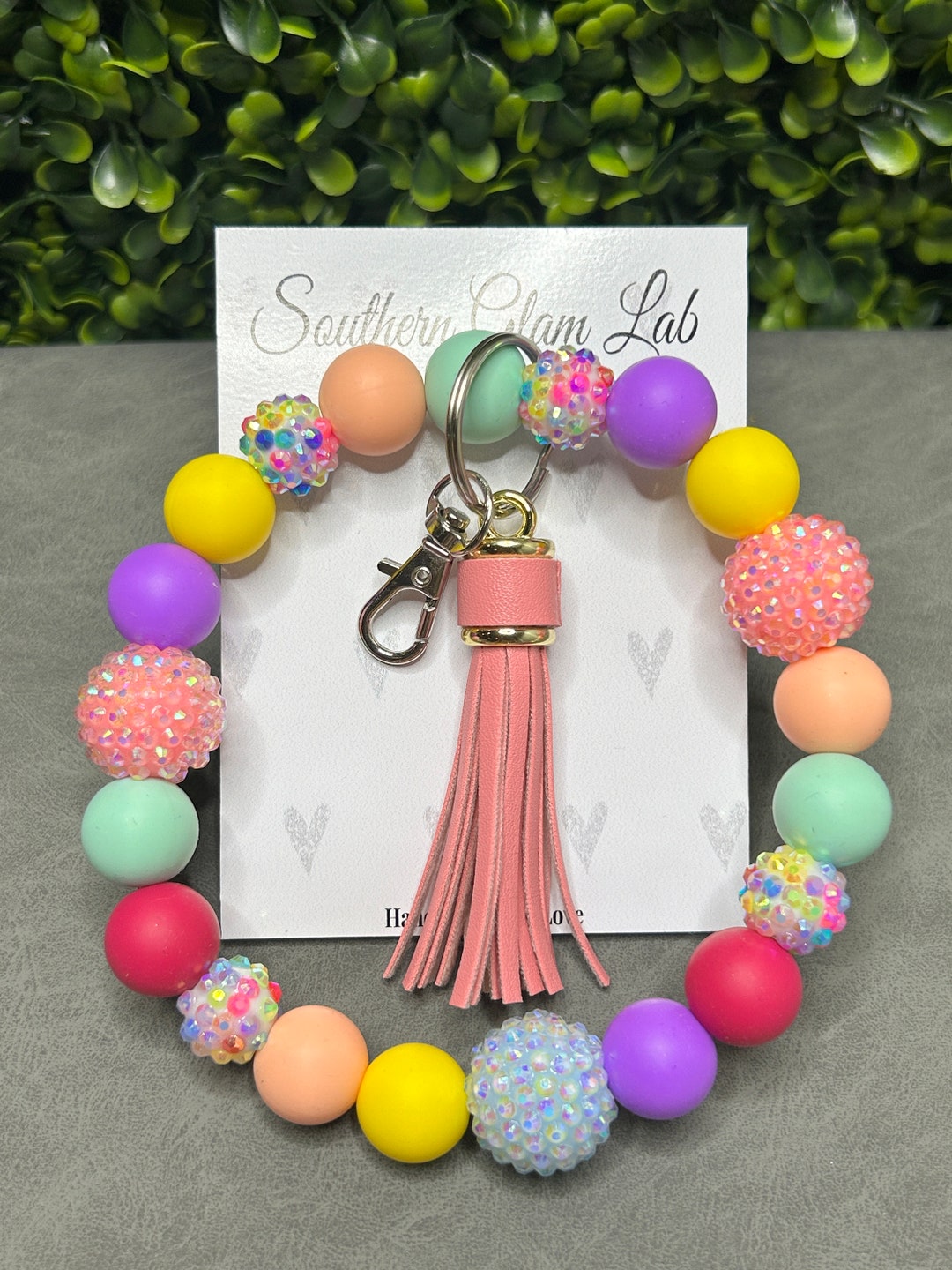 Pastel Bling and Silicone Beaded Wristlet Keychain, Silicone and ...
