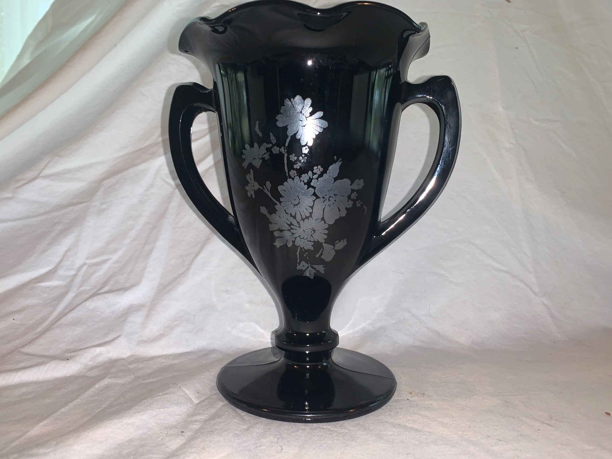 Vintage 1930s 8" Black Amethyst Silver Bouquet Depression Glass Trophy ...