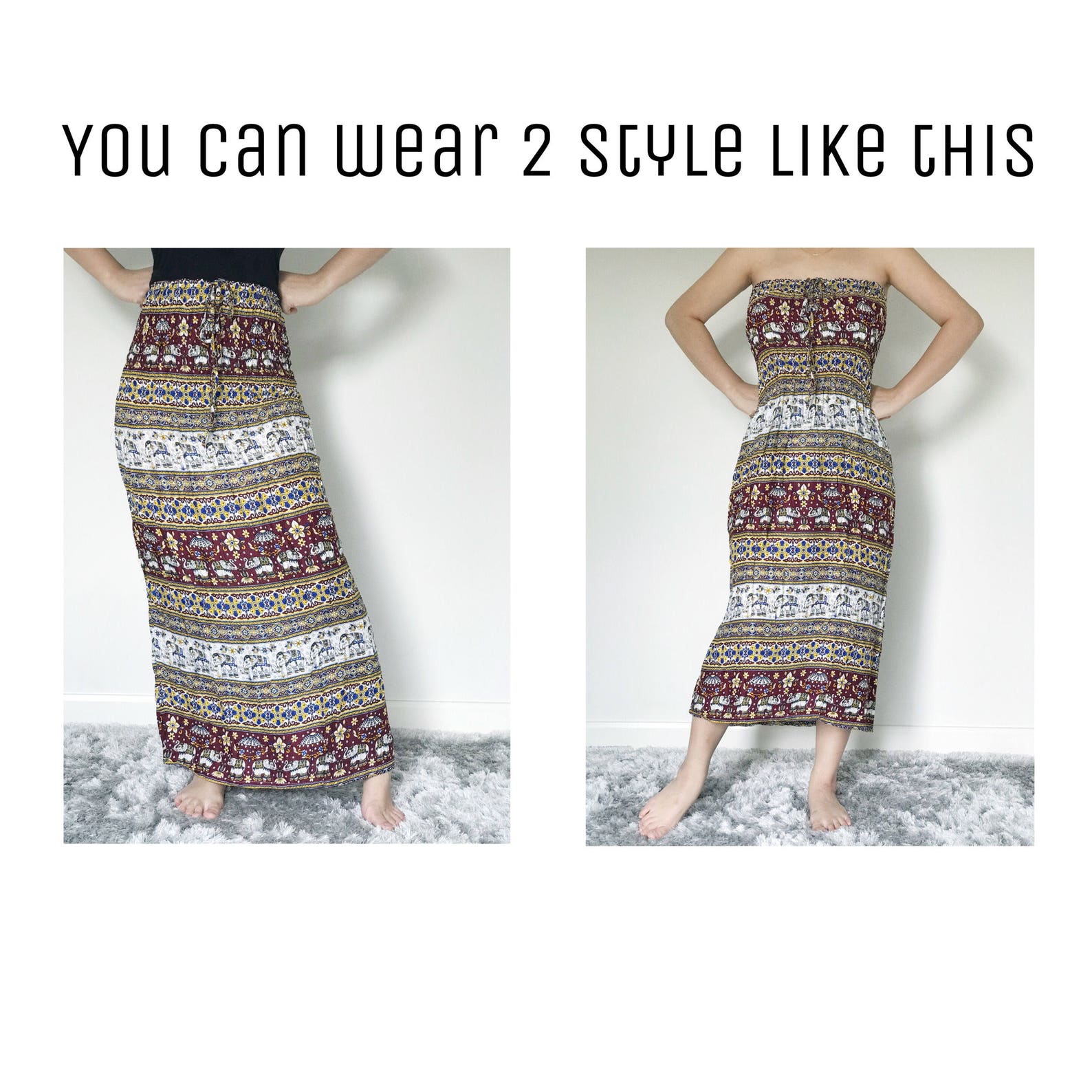 Green Elastic Waist and Long Elephant Printed Skirt Bohemian | Etsy